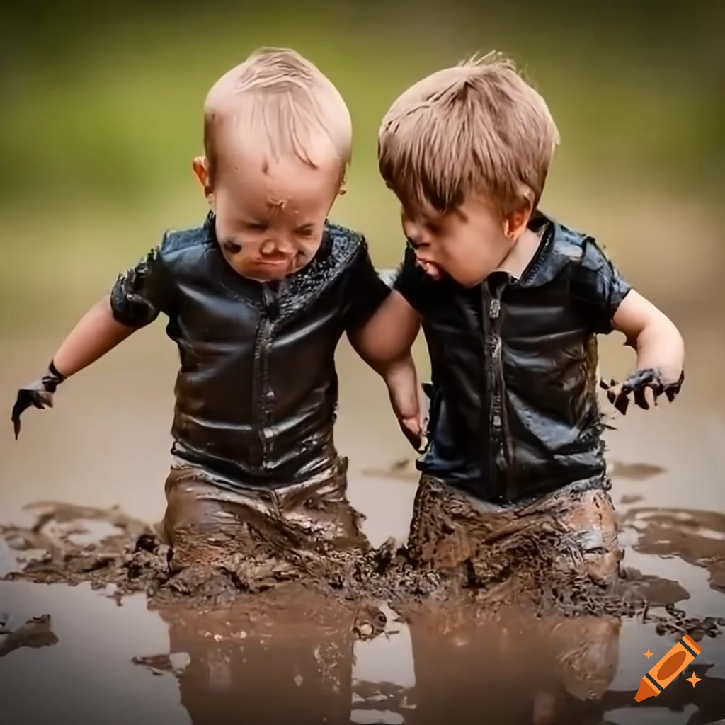 Two toddler boys in black police leather shirt playing in puddle of mud ...