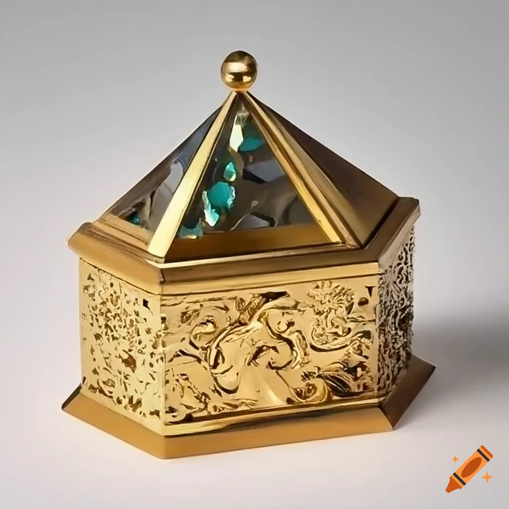 Large brass and crystal cone puzzle box with engravings on Craiyon