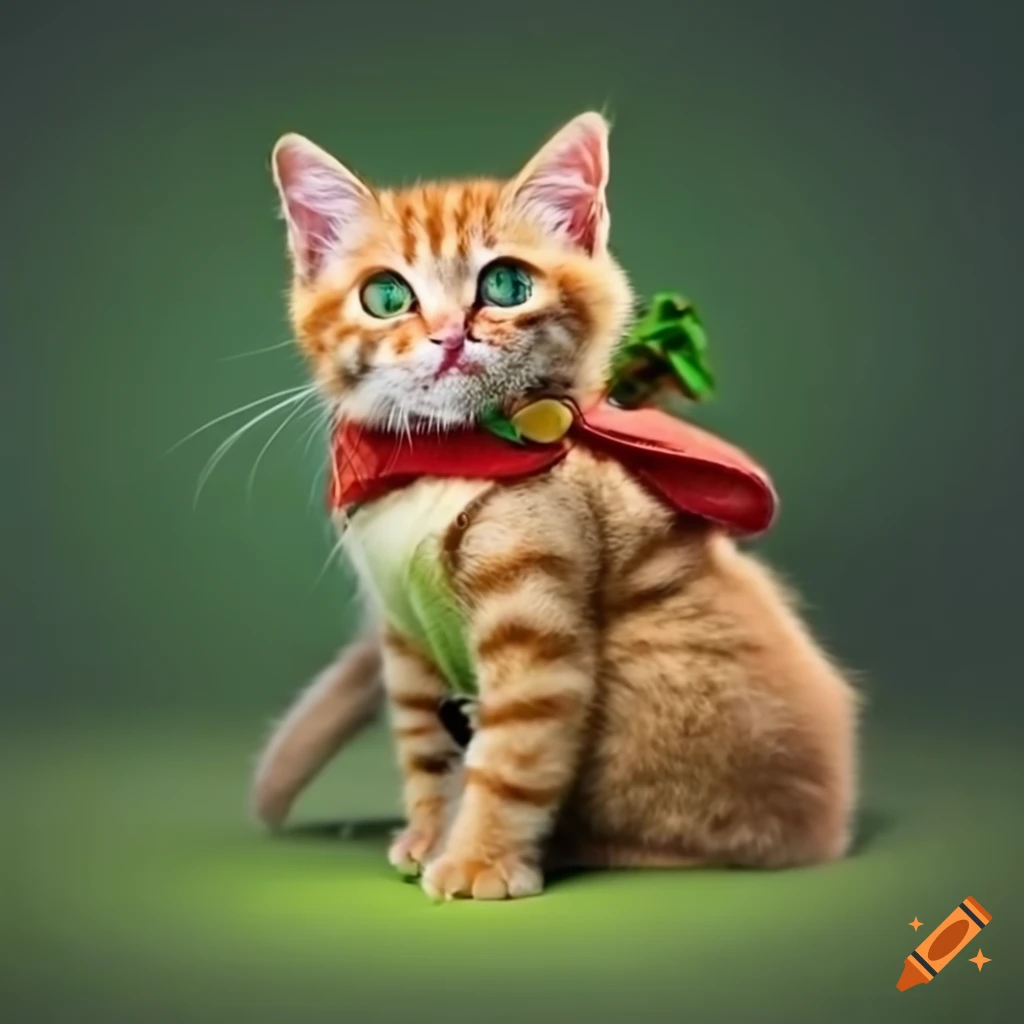 Big green eyes orange fluffy kitten dressed as robin hood hugging a ...