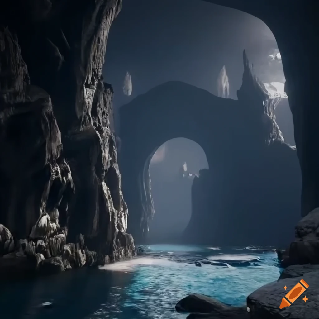 Unreal engine 5 aerial view of great cave with subterranean city island ...