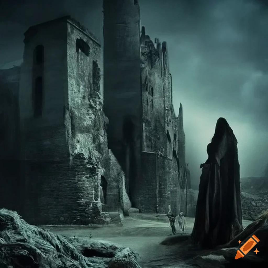 Ringwraith Nazgul amid the ancient ruins of Dol Guldur dark fortress ...