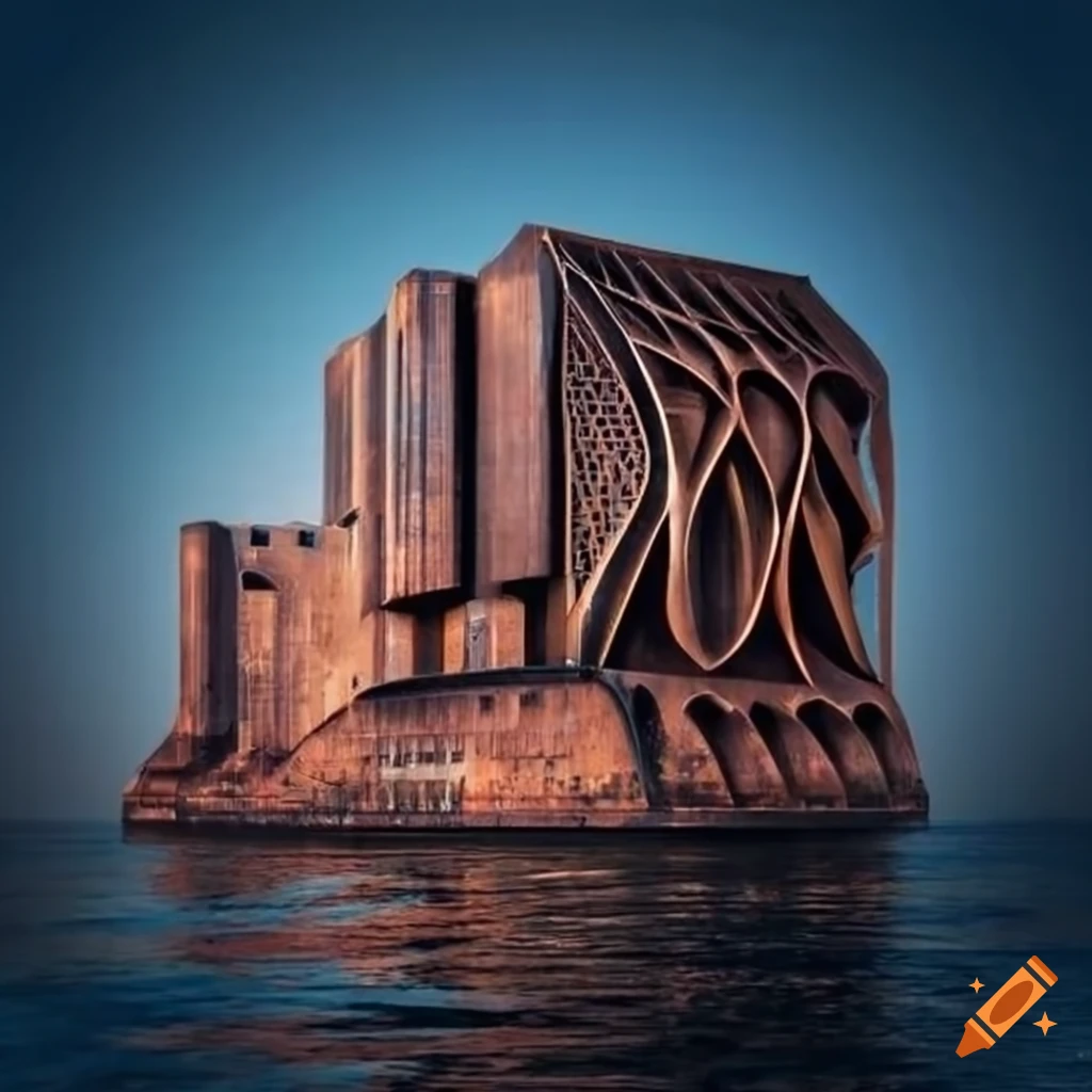 The city of water with expose of brutalist fragment and rusty metal ...