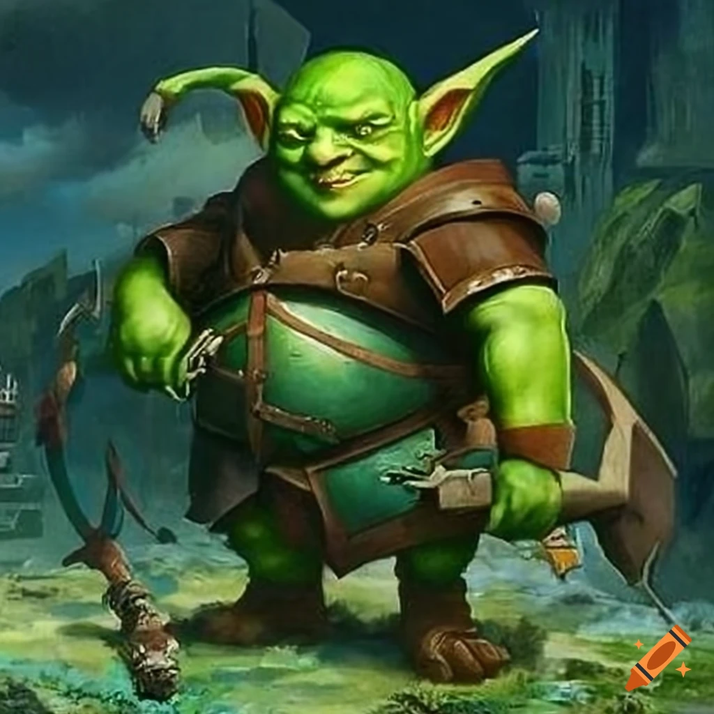 Fat bald green-skinned goblin male archer with a large belly wearing ...