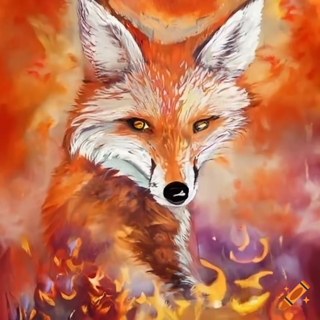A fox made of fire dashing through a field of ice flowers on Craiyon