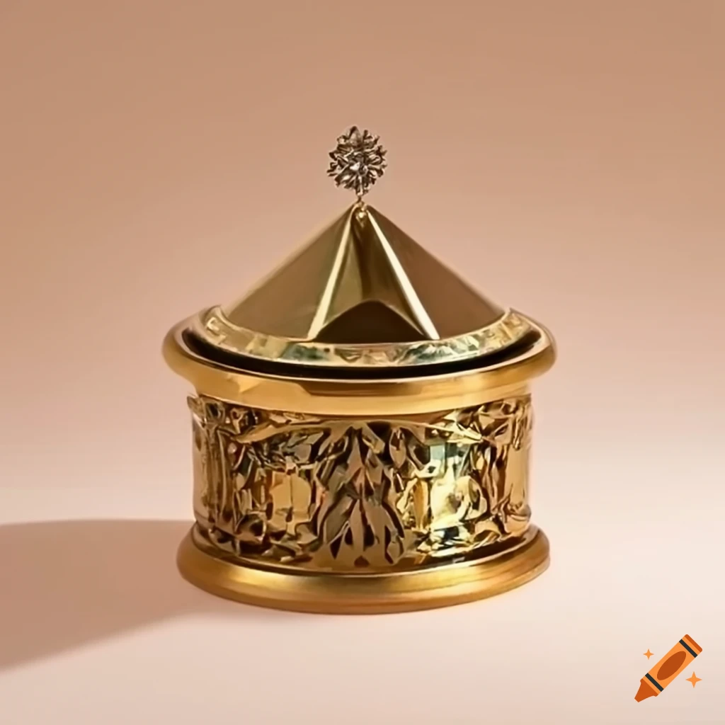 Large brass and crystal cone puzzle box with engravings on Craiyon