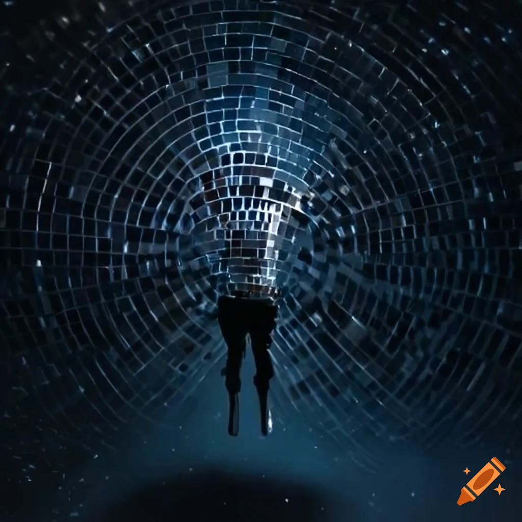 A human man made out of disco ball mirrors. he is floating in space ...