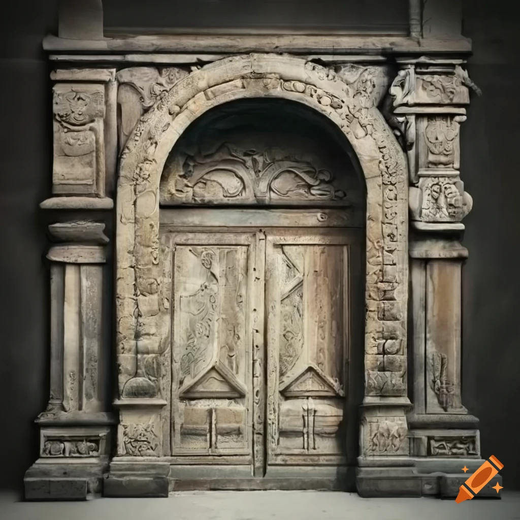 Old intricately made stone gate doors full of snakes reliefs on Craiyon