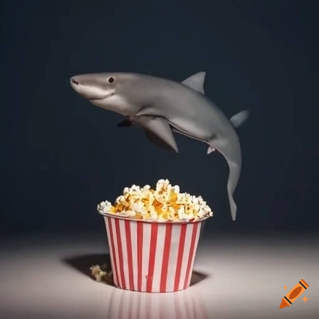 A shark in a robe enjoys a bucket of popcorn on Craiyon