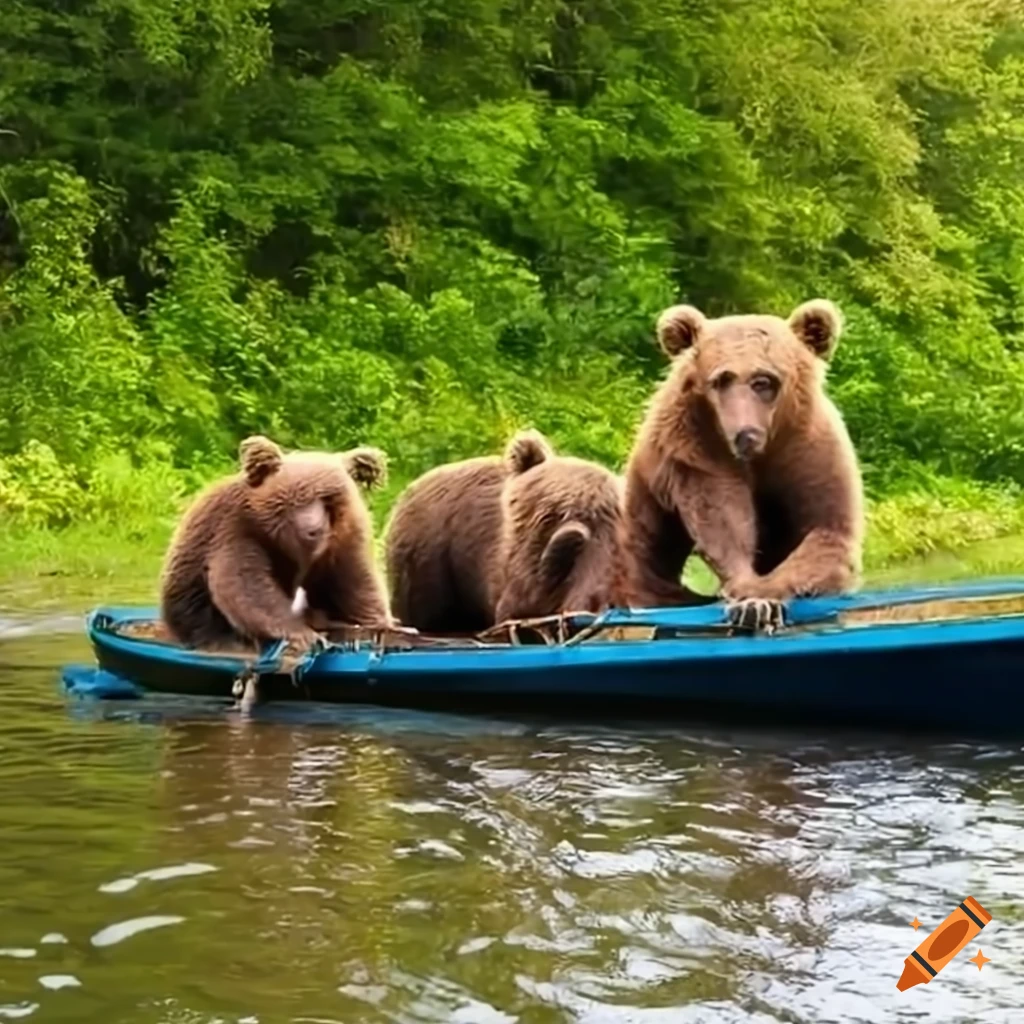 Brown bears calmly rowing a boat down a serene stream on Craiyon