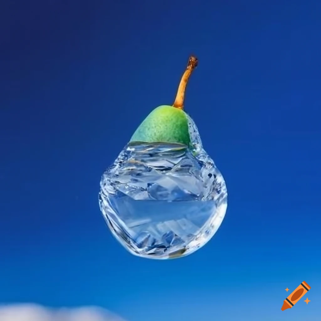 A pear made out of crystal glass floating below a clouded sky in ...