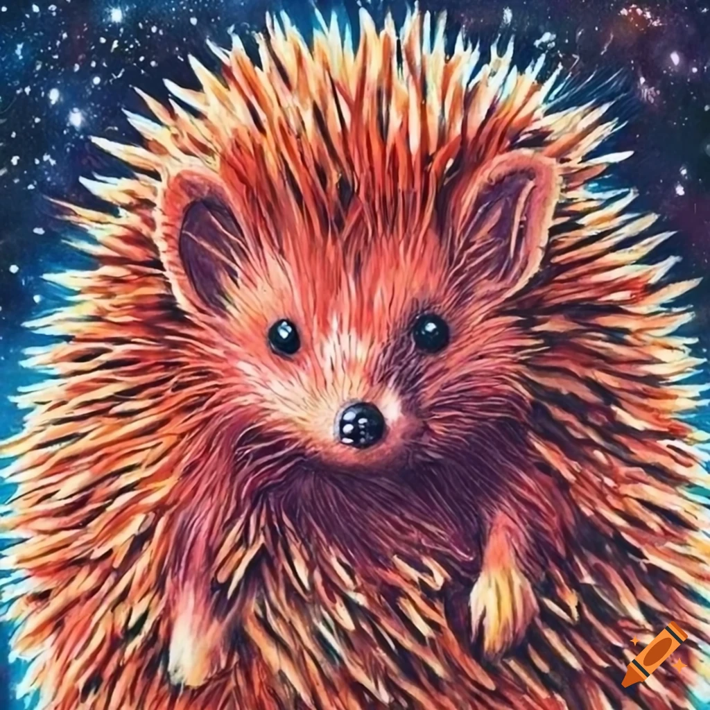 Red hedgehog in space. colored pencil style