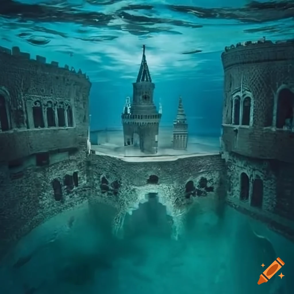 Underwater large castle with white exterior on Craiyon