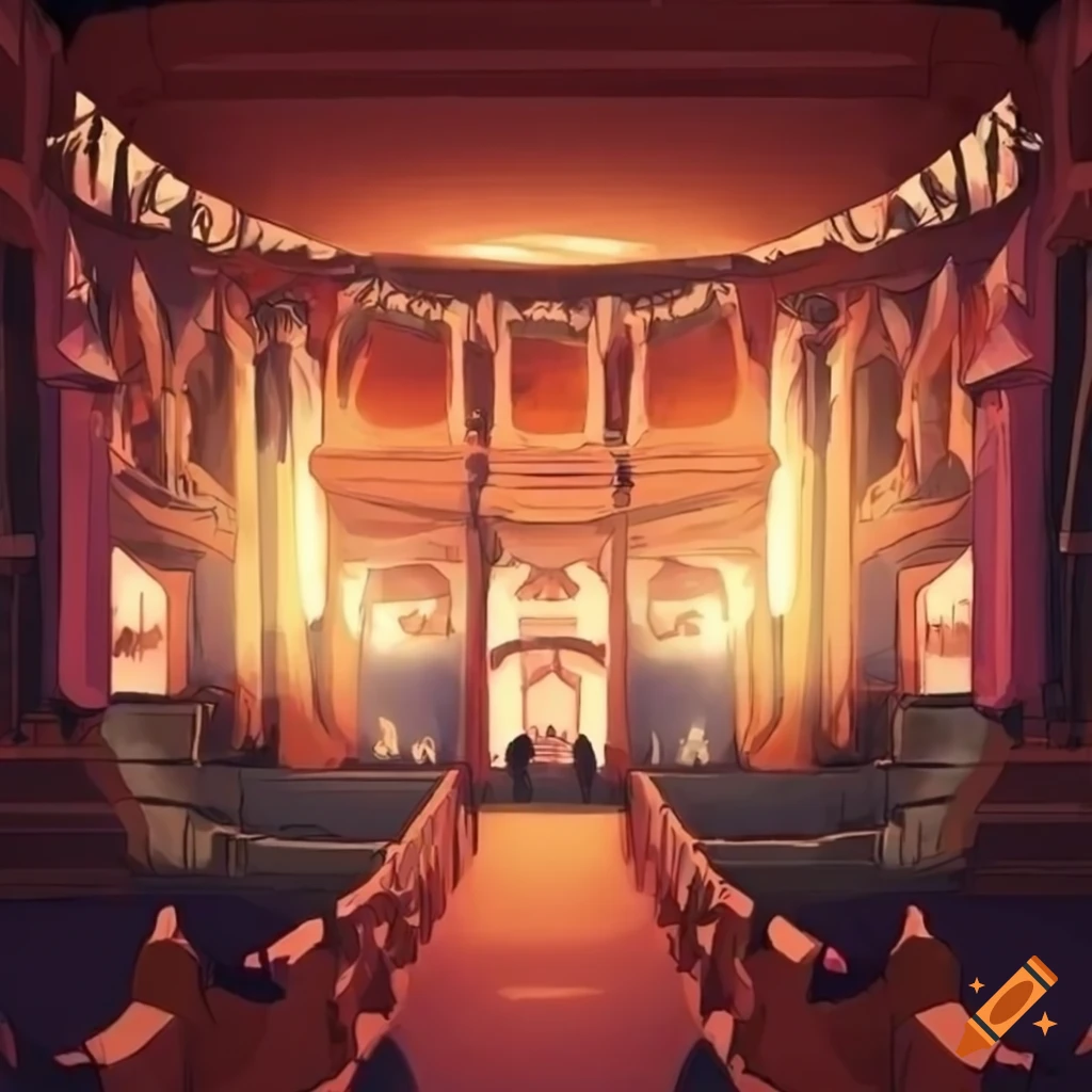 Draw a cozy view inside the philharmonic hall so that an anime-style ...
