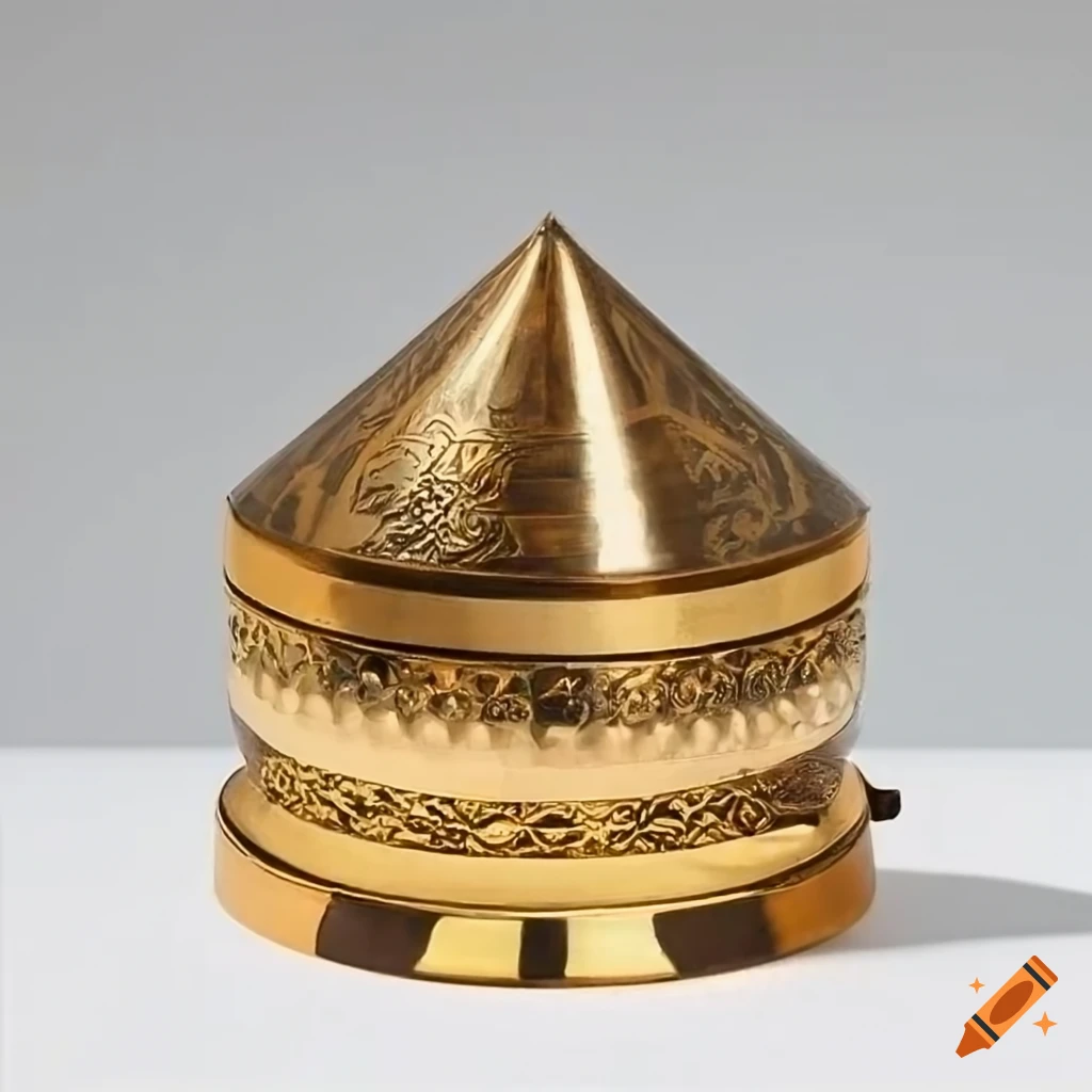 Large brass and crystal cone puzzle box with engravings on Craiyon
