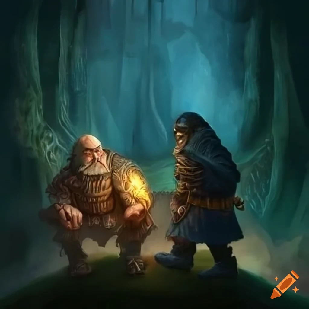 Two fantasy dwarves gazing into a majestic distant world