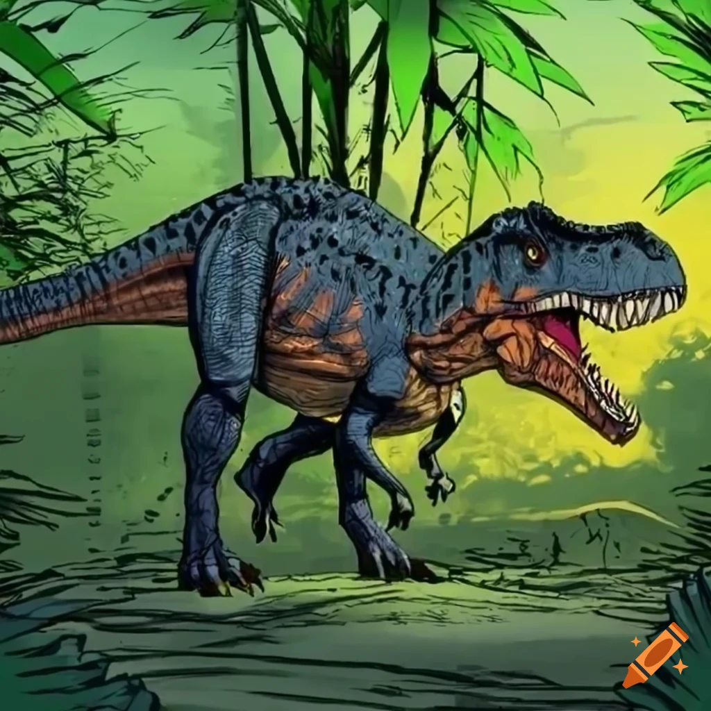 An allosaurus in the middle of a very dense jungle with a comic book ...