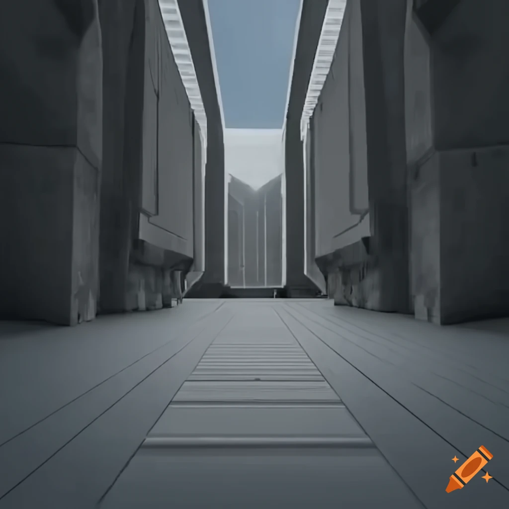 A titan size chaotically built structure made of gray concrete. There ...