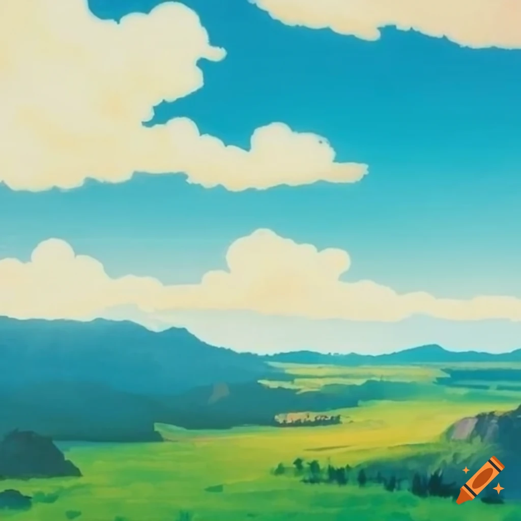 Field tree mountains sun clouds blue sky studio ghibli