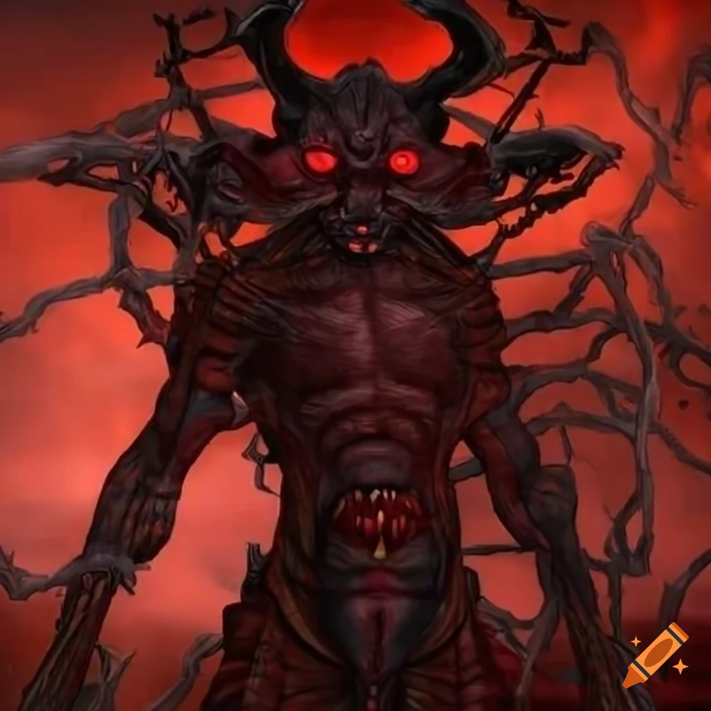 A demon with a spider head and the body of an avatar Navi with red skin ...