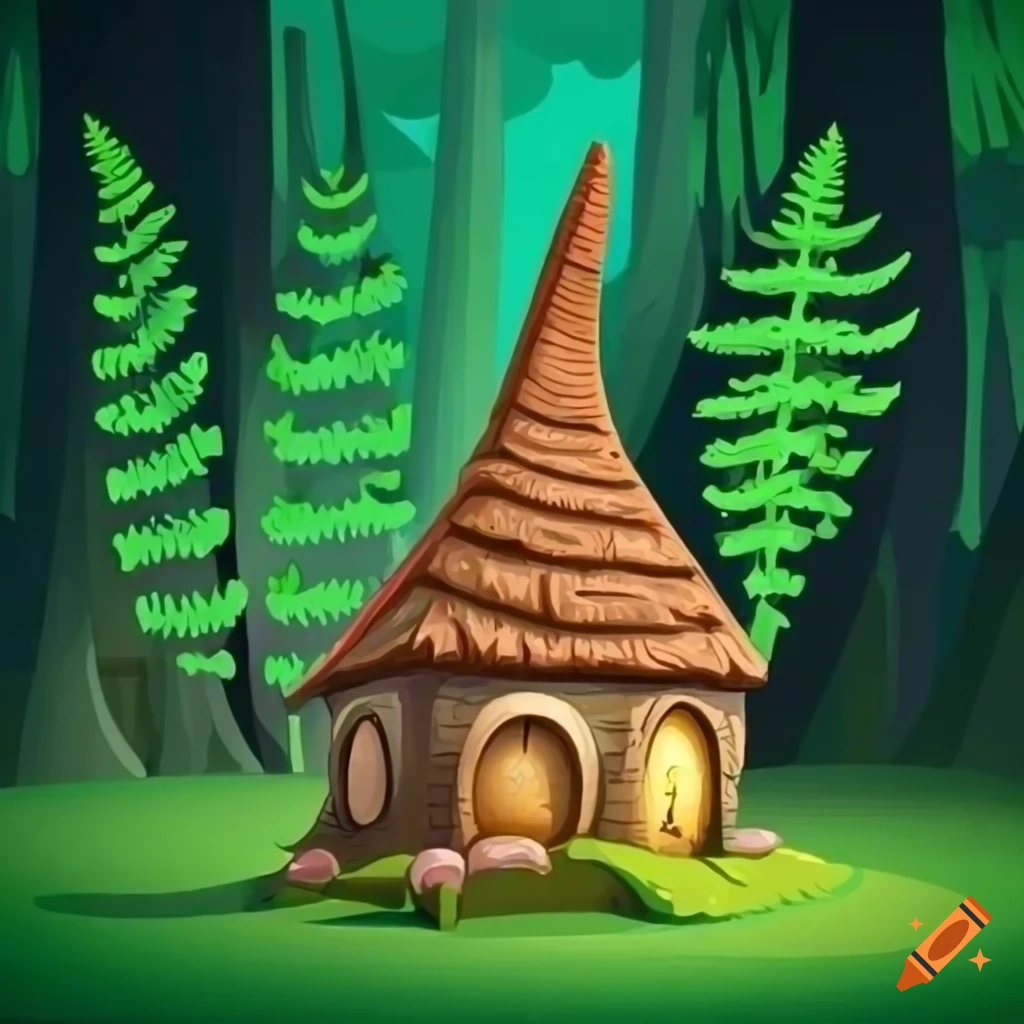 Cartoon image dwarf house made of fern and moss bark roof in the forest ...
