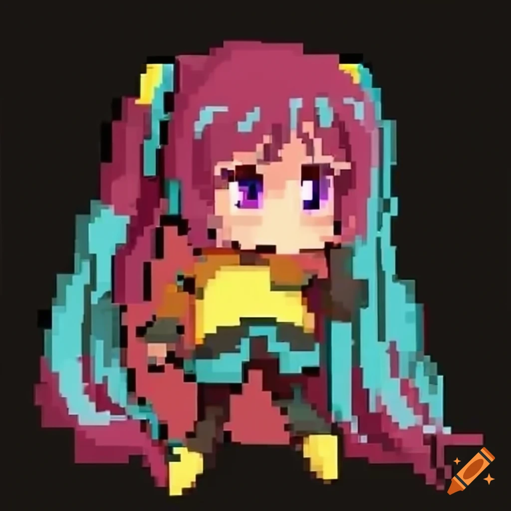 Pixel art duel between chara and hatsune miku characters in a epic battle