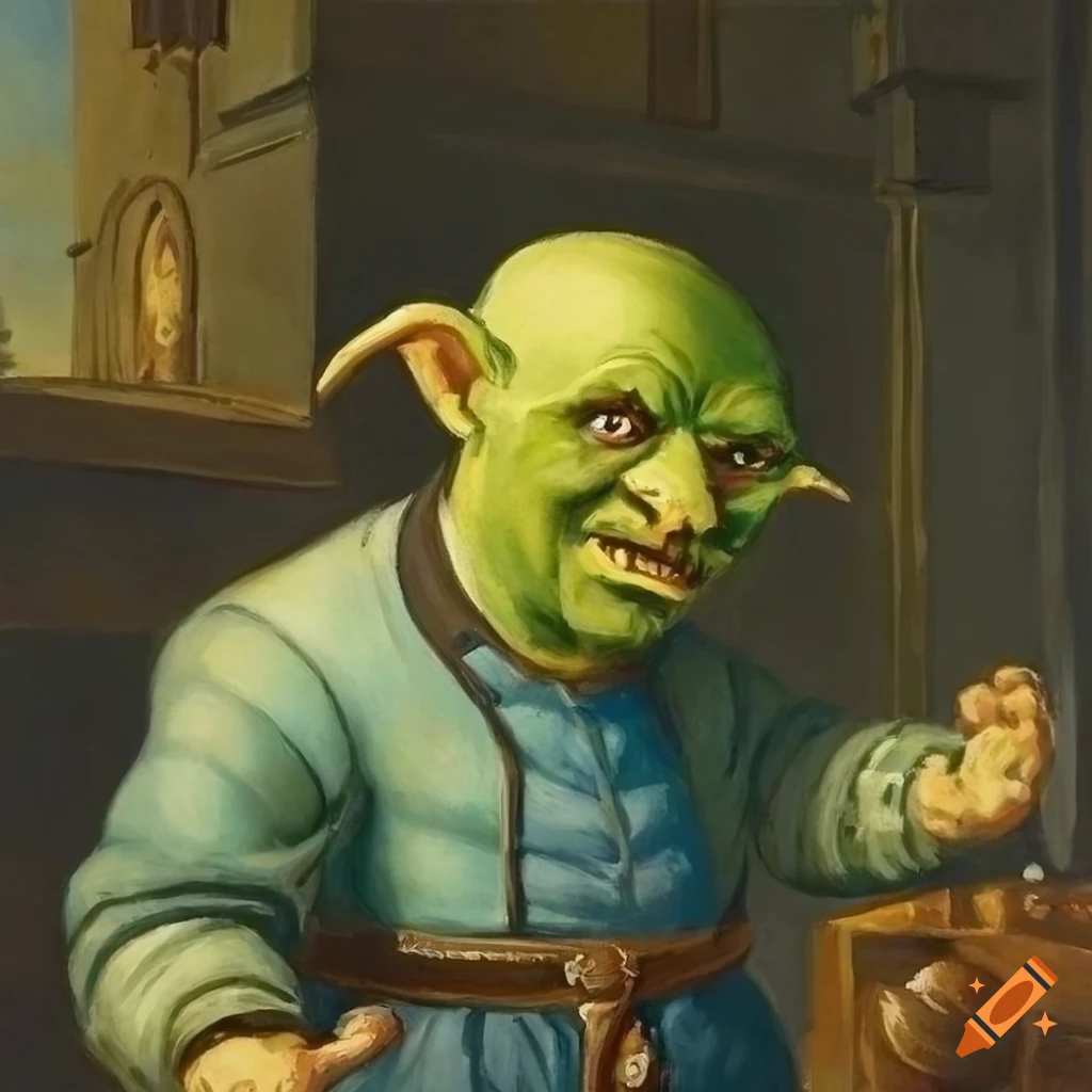 Fat bald green-skinned goblin male with a large belly wearing merchants ...