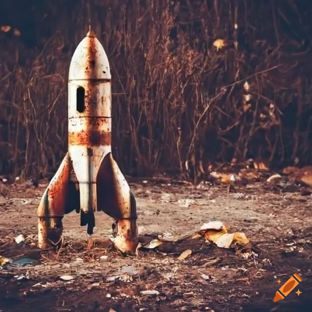 Rusty rocket on the ground covered by garbage