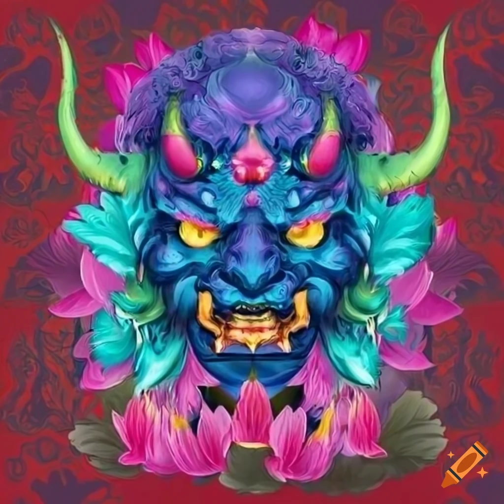 The head of a blue oni surrounded by lotus flowers in a red background ...
