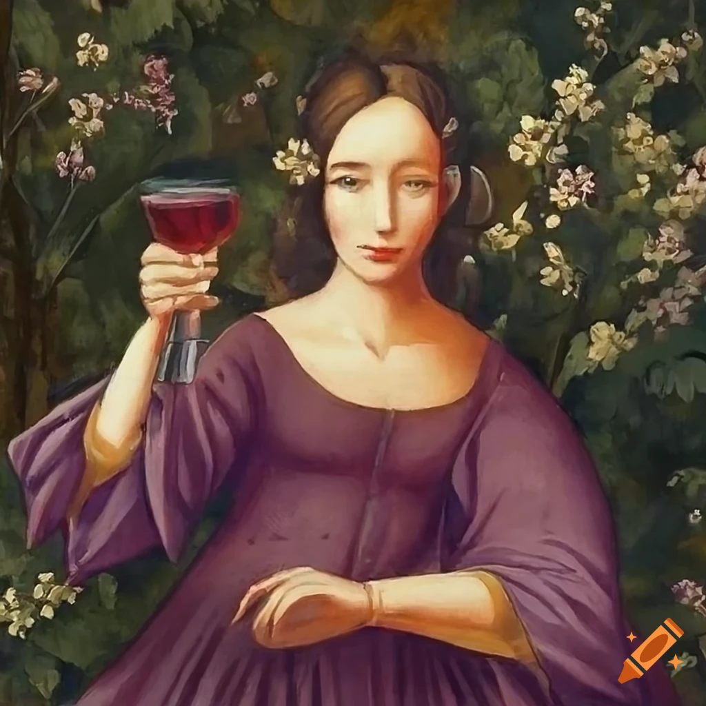 Group drinking wine surrounded by flowering lilac bushes, medieval ...