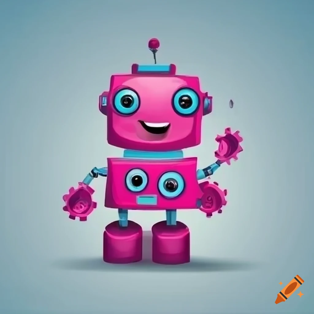 Cheerful pink robot cartoon made of gears
