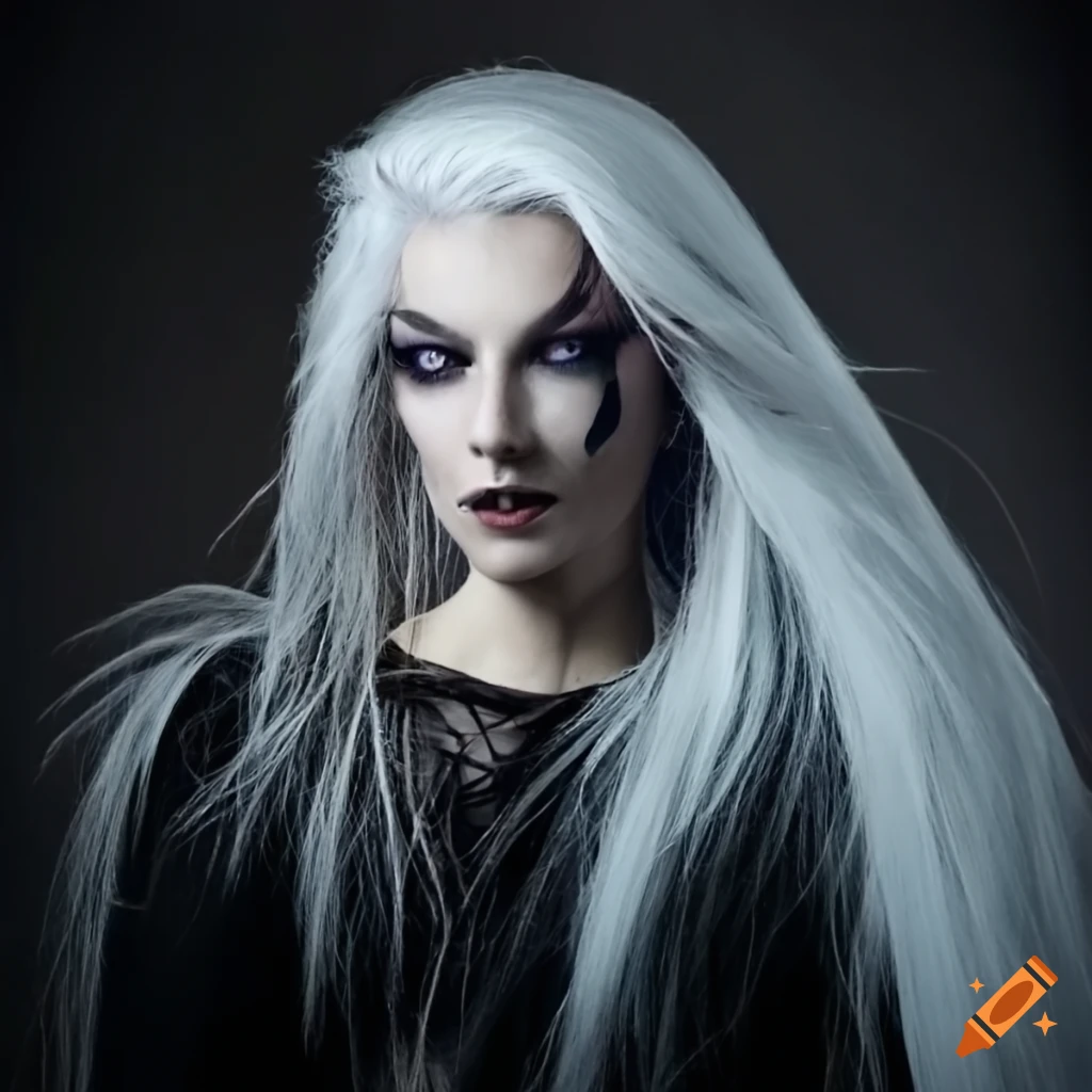 Fierce and beautiful white hair witch; iron teeth and nails; red carpet