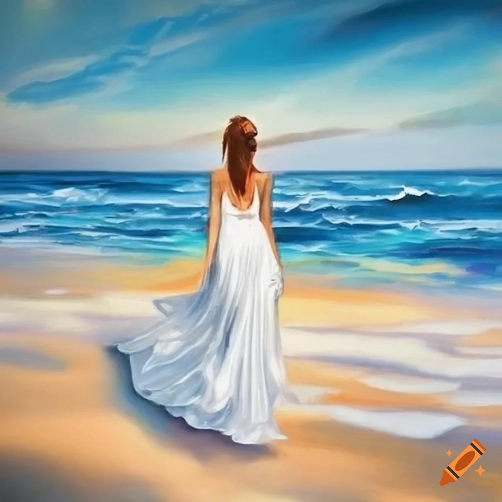 Paint a beautiful woman in long white dress walking on the beach ...