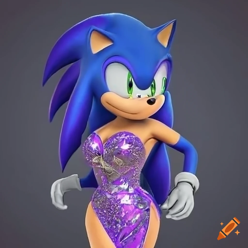 Female sonic the hedgehog posing in a dazzling prom dress on Craiyon