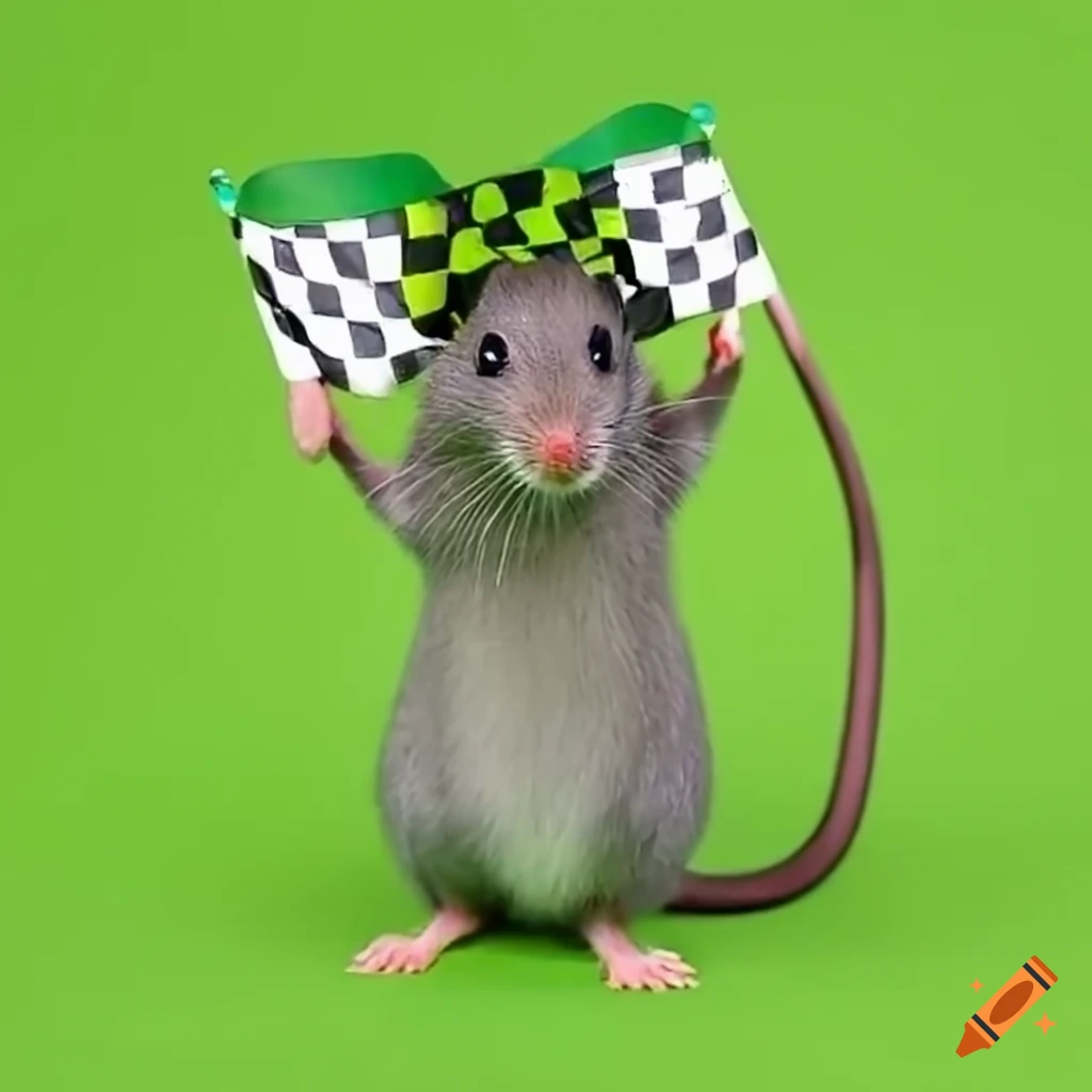 A victorious green mouse celebrating with a checkered flag