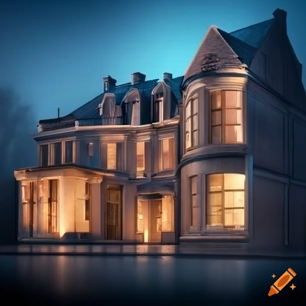 Modern walled mansion, evening, photorealistic