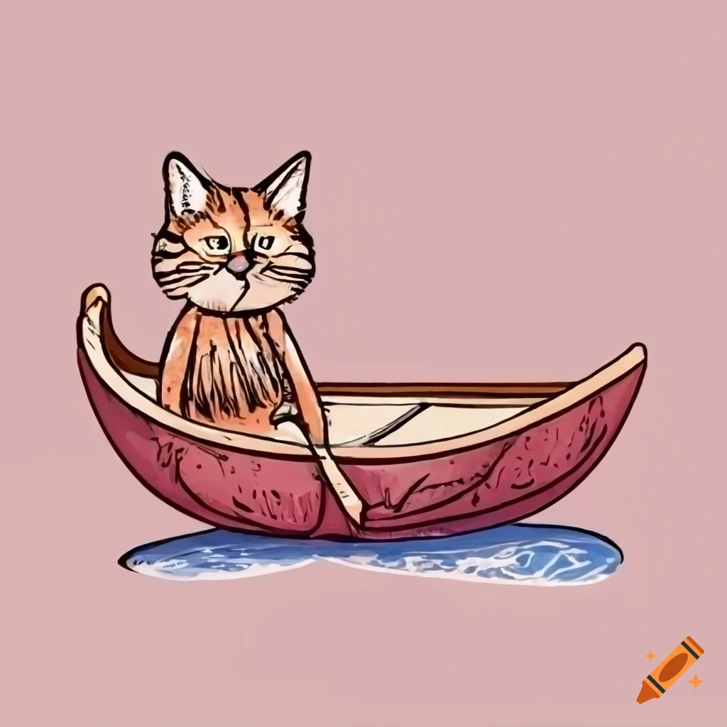 Line drawing of a cat in a canoe