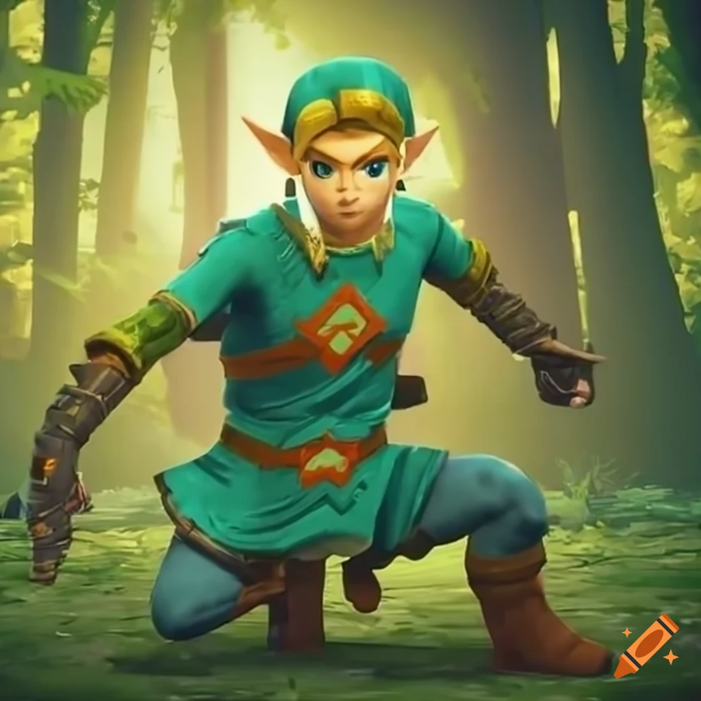 Link from legend of zelda doing superhero pose in a forest on Craiyon