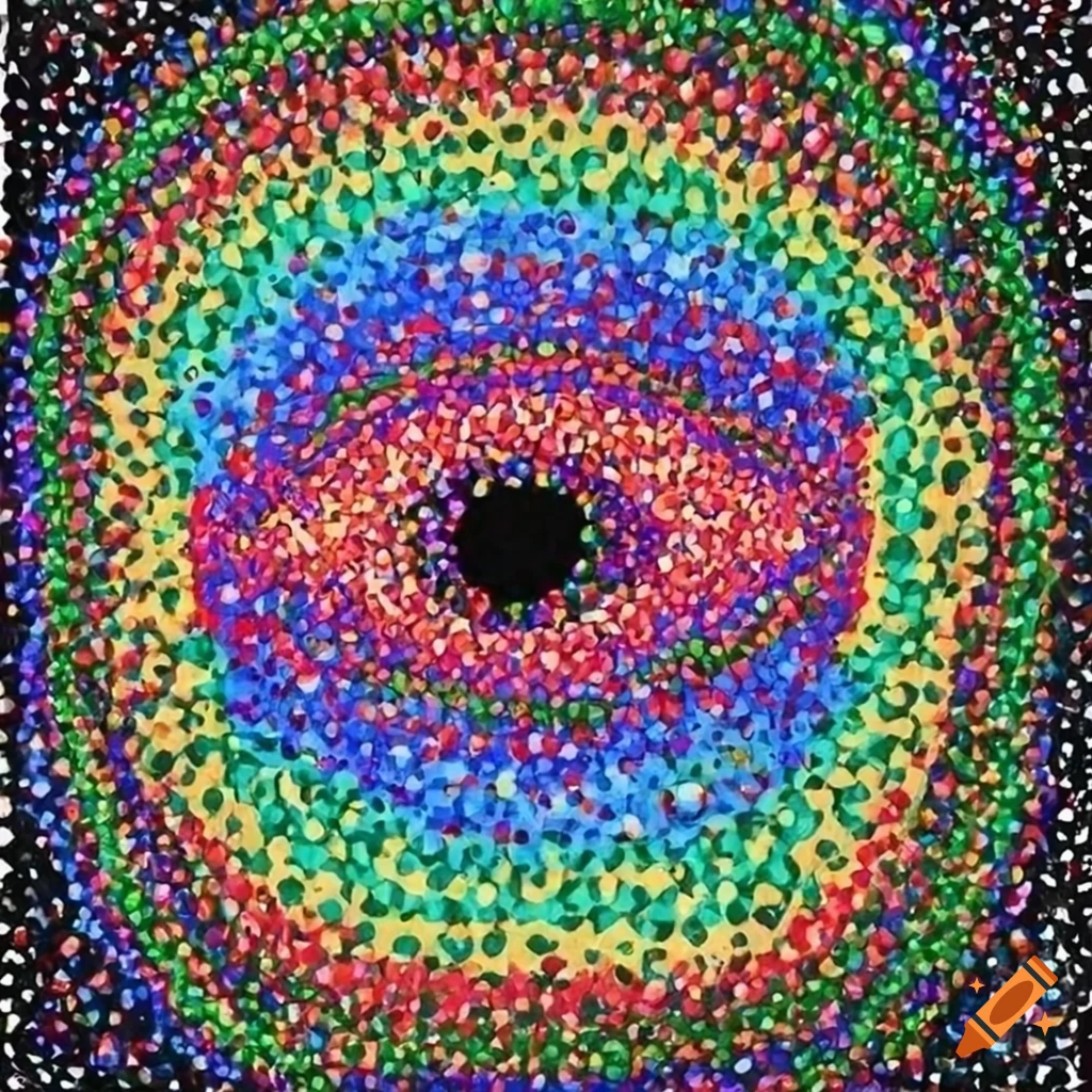 Faint thin-lined outline of eye, rainbow-colored, pointillism, black ...