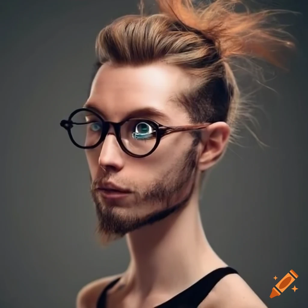 Skinny man with round glasses und goat beard and brown ponytail