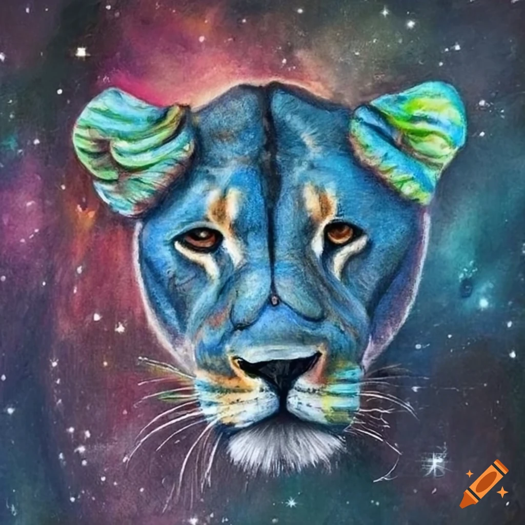 Blue lioness with black eye in space. colorful . colored pencil