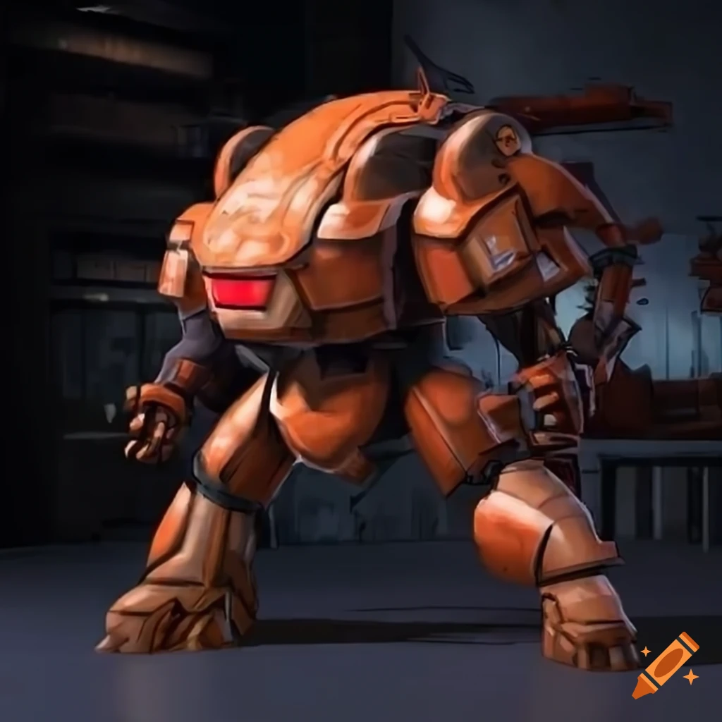 Kintaro battlemech in a hangar on Craiyon