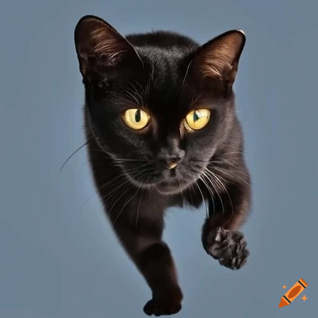 A black cat with yellow eyes chasing a squirrel