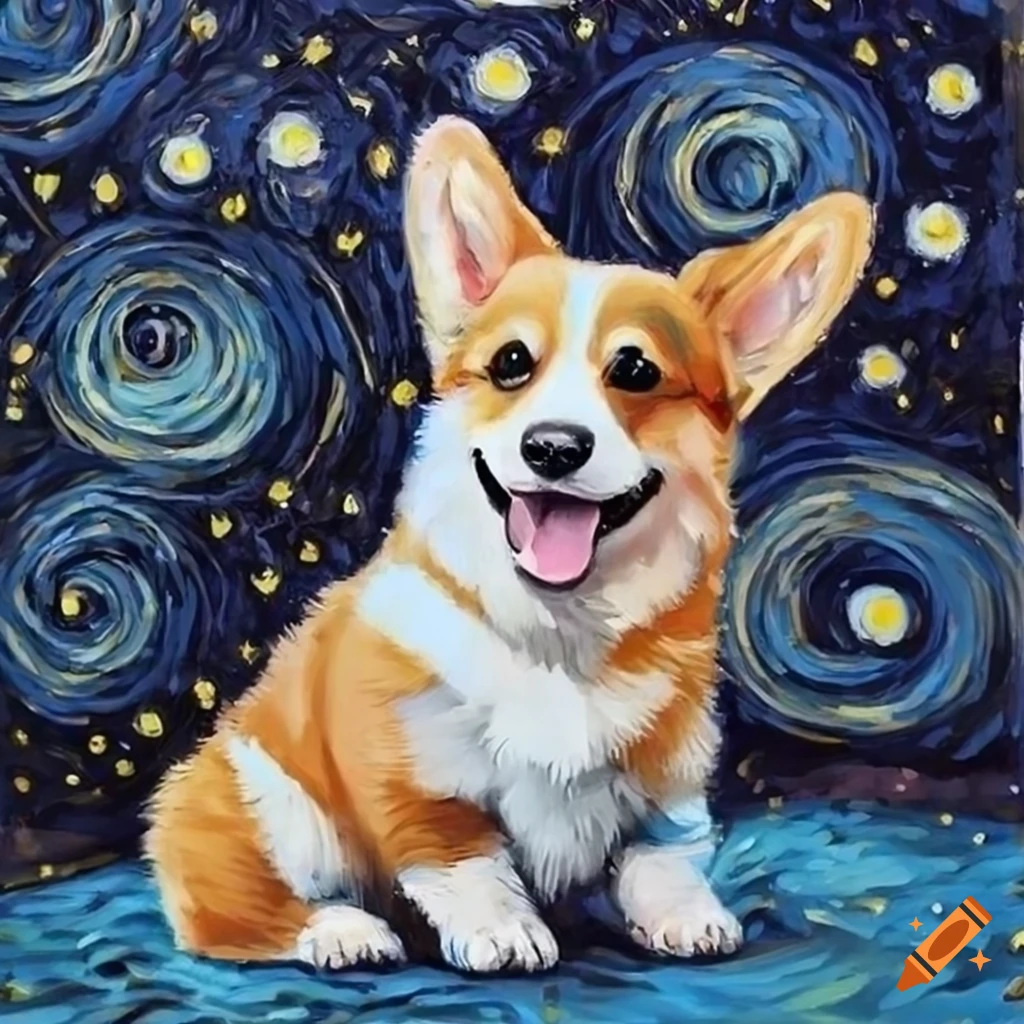 Hyper detailed painting of a corgi puppy in starry night-style