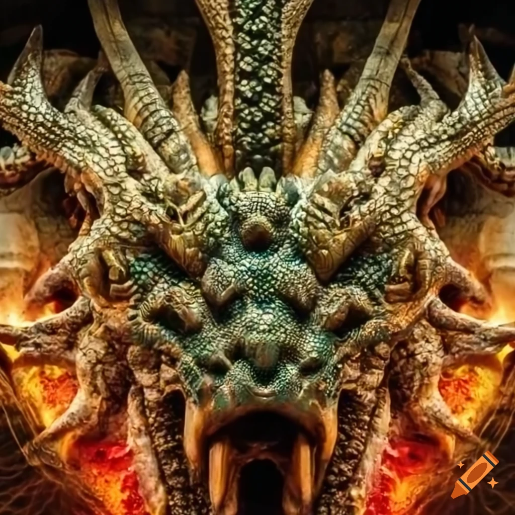 Face of a majestic intricate lion dragon with long baboon face ...