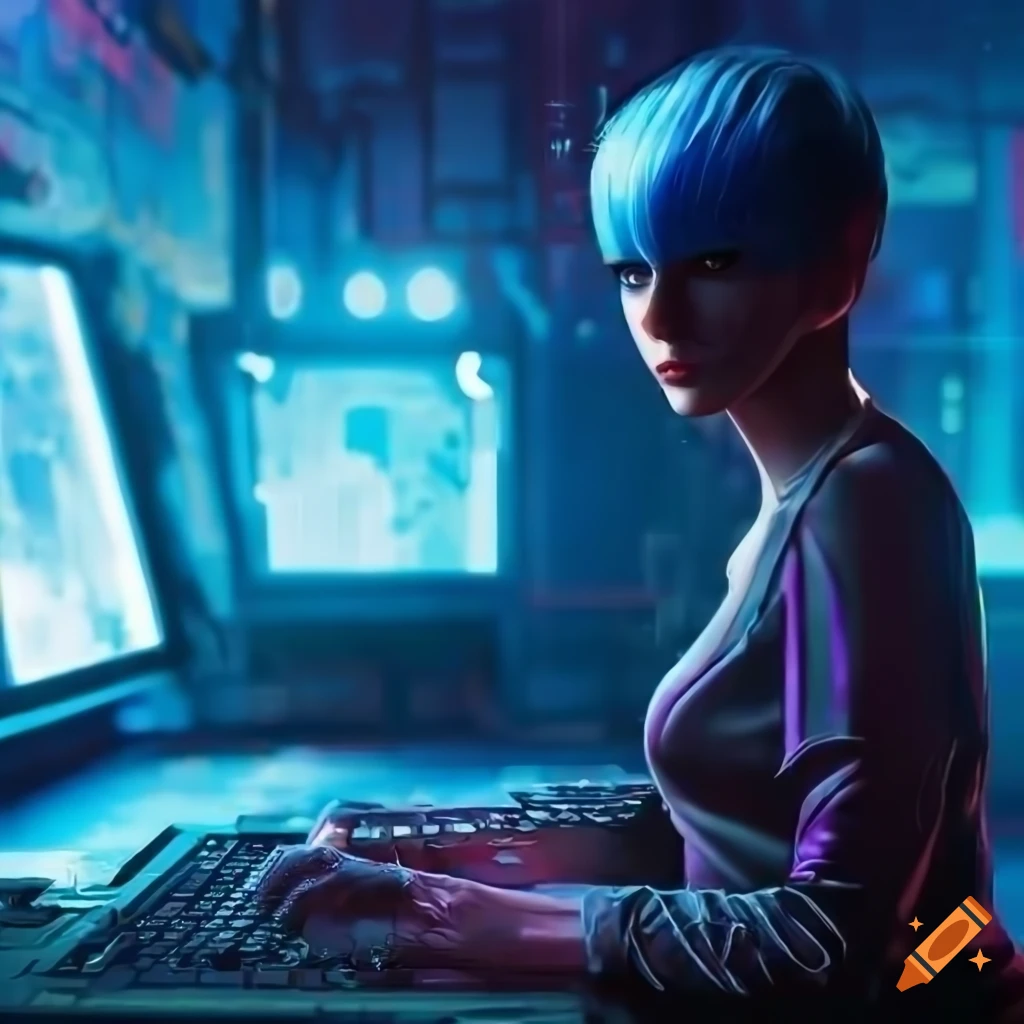 Female hacker with short blue hair in a cyberpunk basement surrounded ...