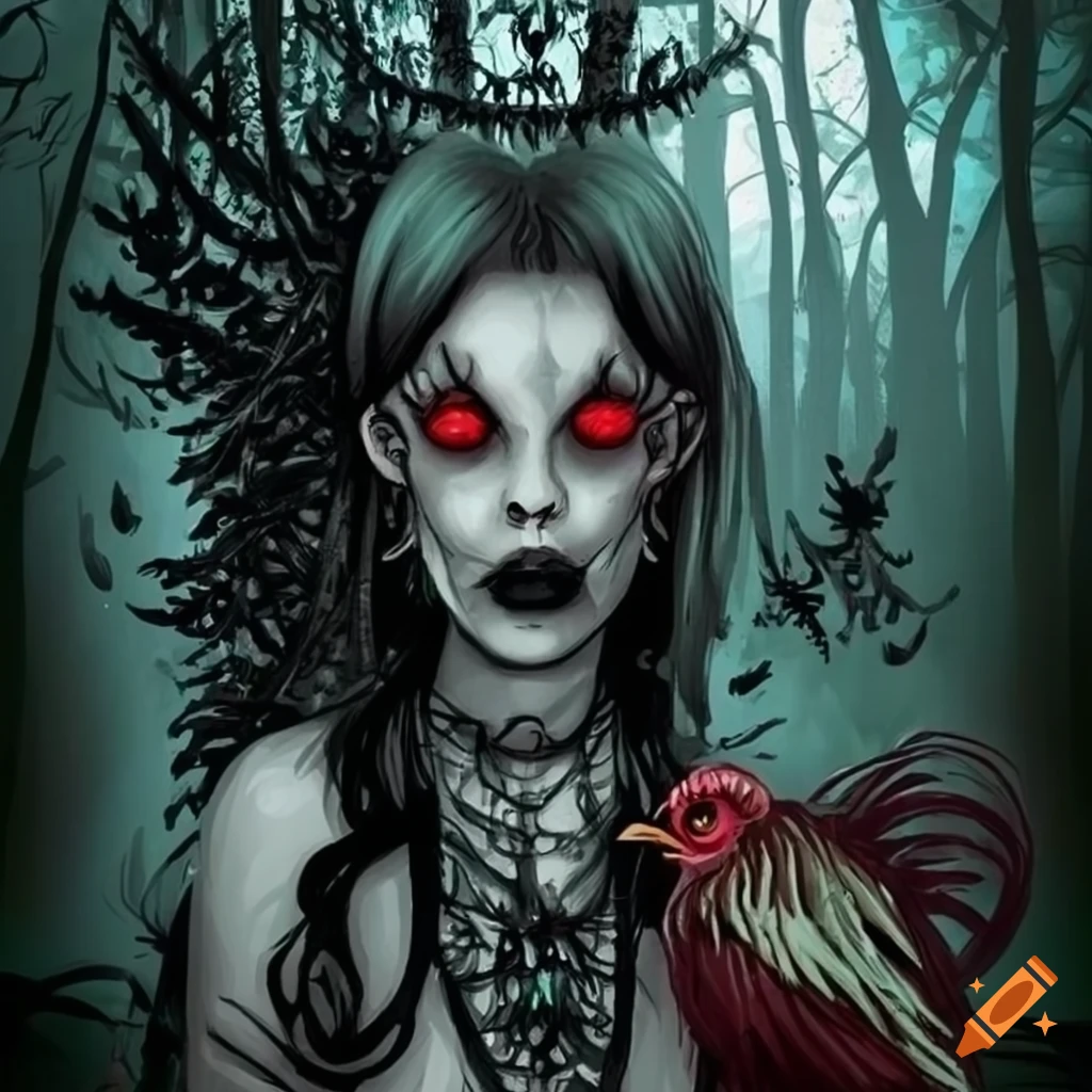 A gothic vampire chicken in a gothic forest as a Victoria Frances ...