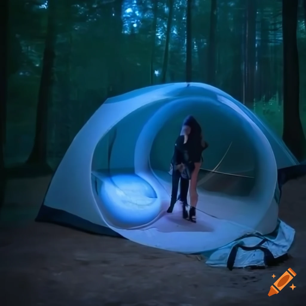 A mysterious nighttime photo of a glowing futuristic tubular camping tent nestled under a big ...