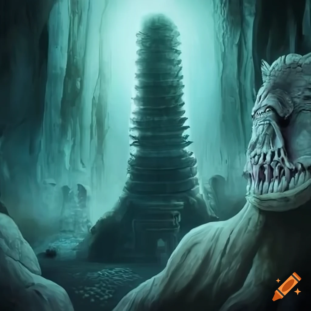 Strange white creature underground temple ]