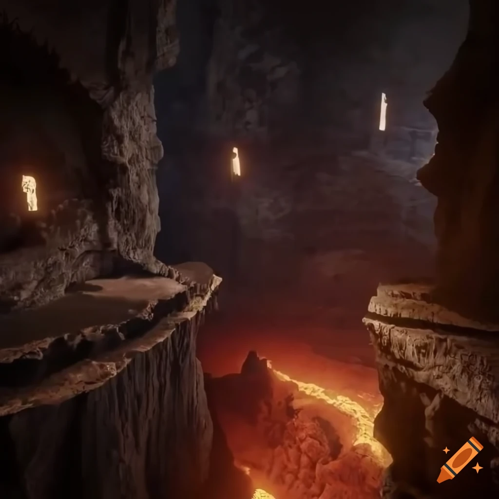Unreal engine 5 aerial view of great cave with subterranean etruscan city and dark castle-palace ...