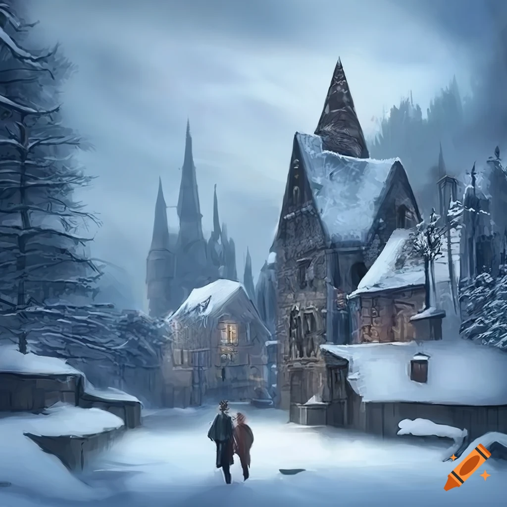 Winter village, realistic portait, medieval winter city, winter ...